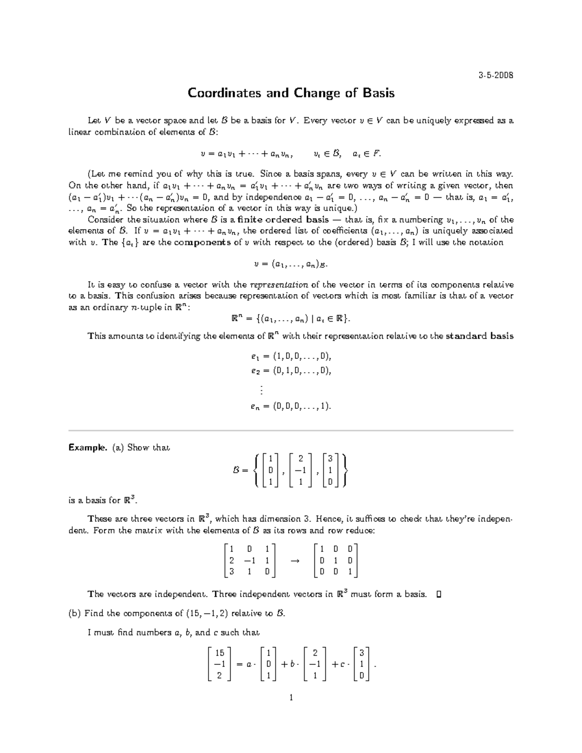 Coordinates and Change of Basis - 3-5- Coordinates and Change of Basis ...