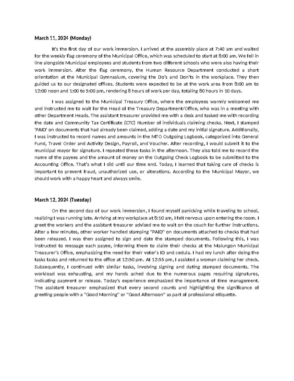 Journal - March 11, 2024 (Monday) It's the first day of our work ...