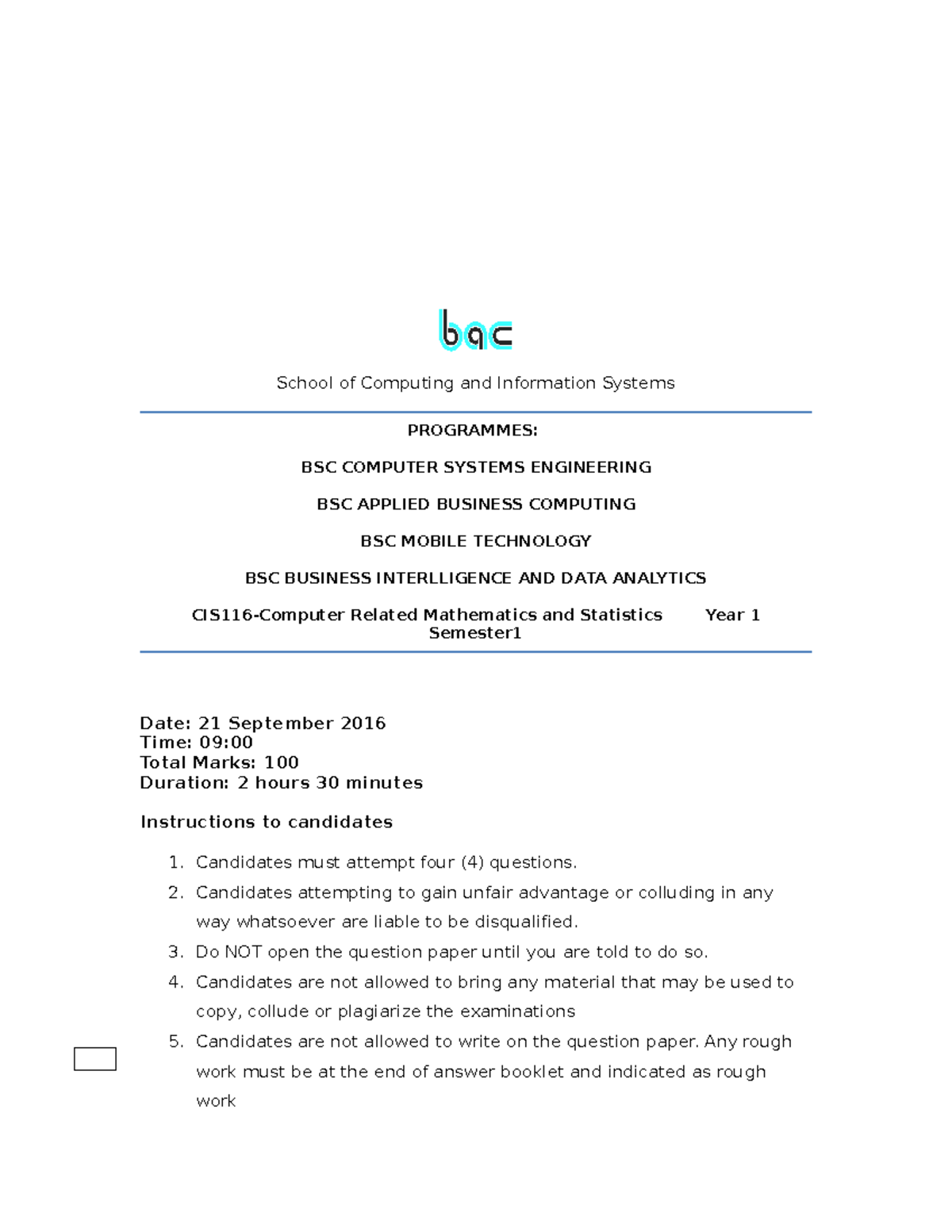 Ass exam Sept 2016 - School of Computing and Information Systems PROGRAMMES: BSC COMPUTER ...