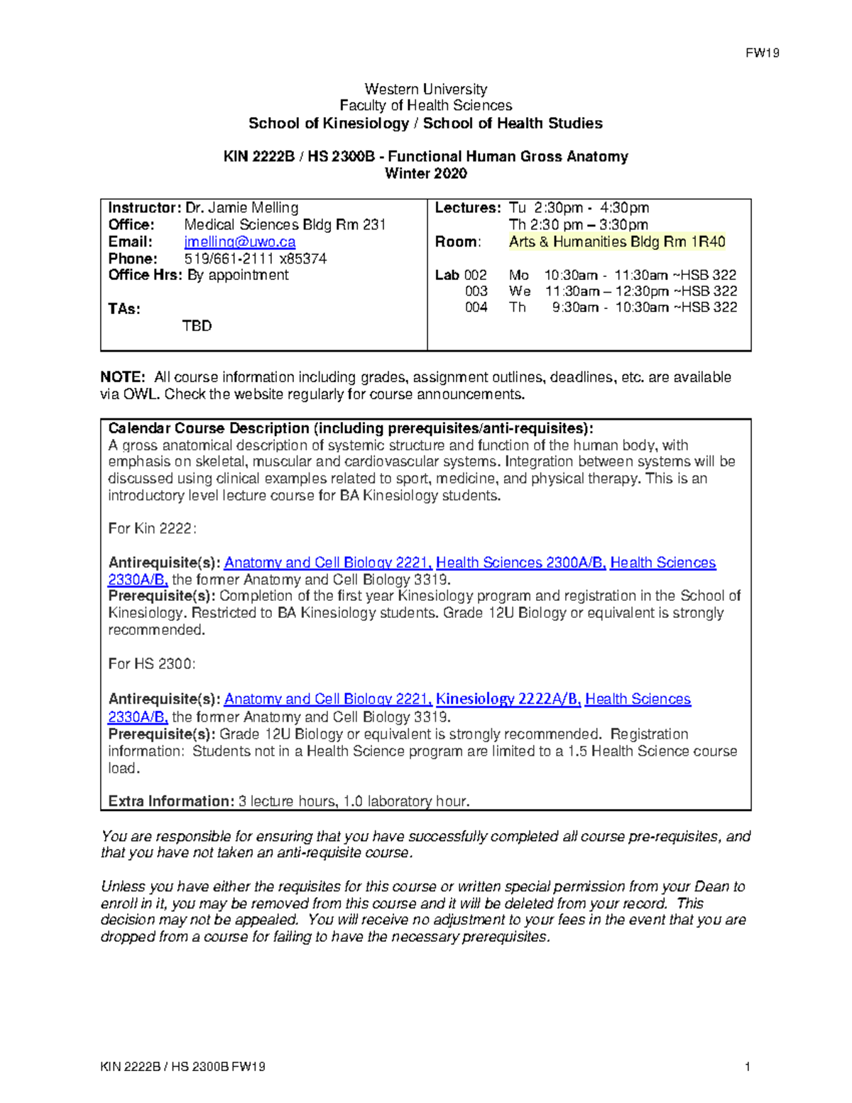 HS 2300B - Course Outline - Western University Faculty of Health ...