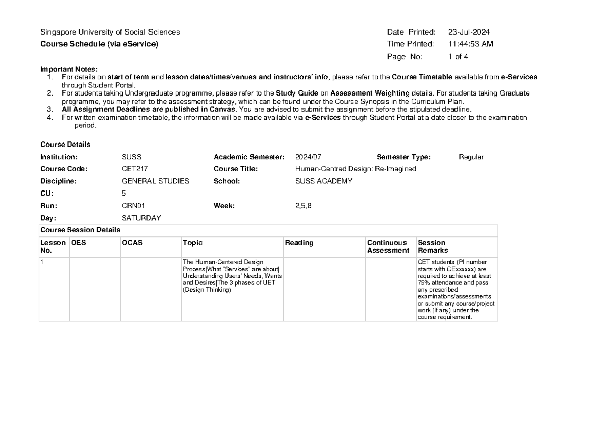 CET Course Timetable - Topics Covered - Important Notes: 1. For details ...