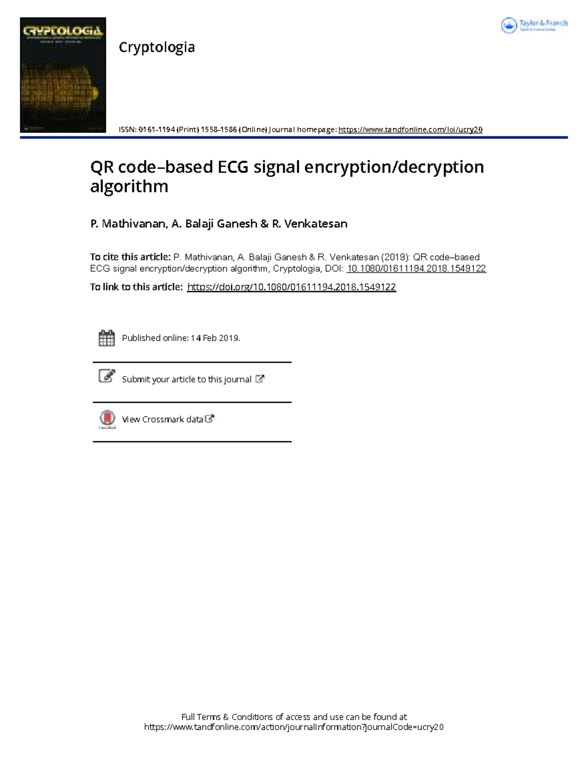 QR code based ECG signal encryption decr - Full Terms & Conditions of ...