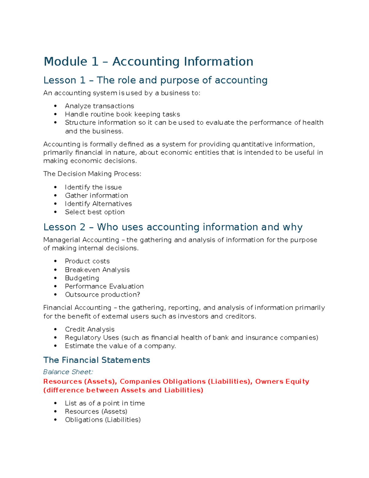 Notes (Studoc) - Module 1 – Accounting Information Lesson 1 – The role ...