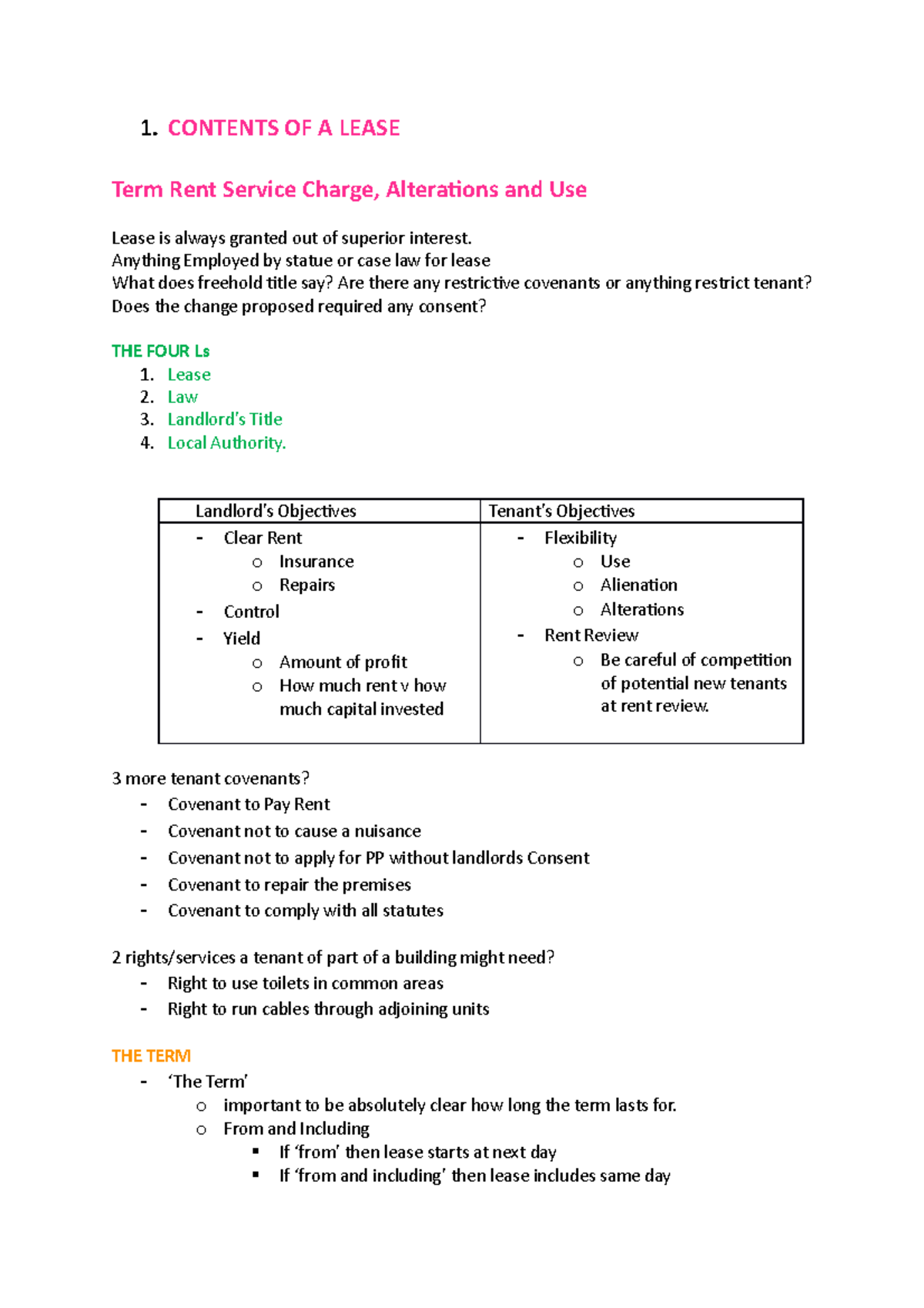 Term rent service charge, alienation and use - 1. CONTENTS OF A LEASE ...