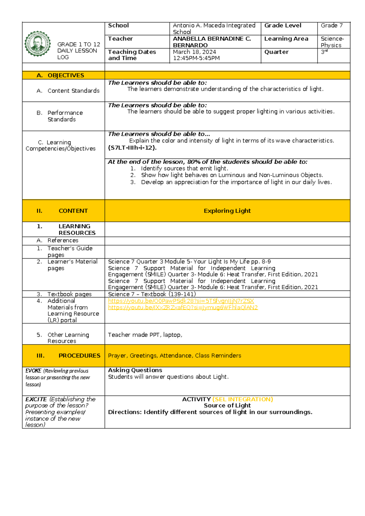 Q3 Week7 Day1 Exploring Light - GRADE 1 TO 12 DAILY LESSON LOG School ...