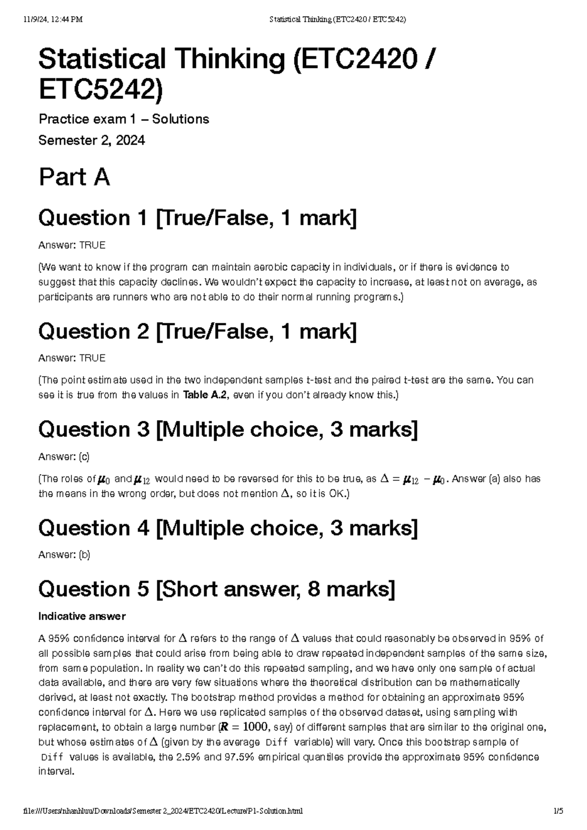 Practice exam 1 - Statistical Thinking (ETC2420 / ETC5242) Practice exam 1 – Solutions Semester ...
