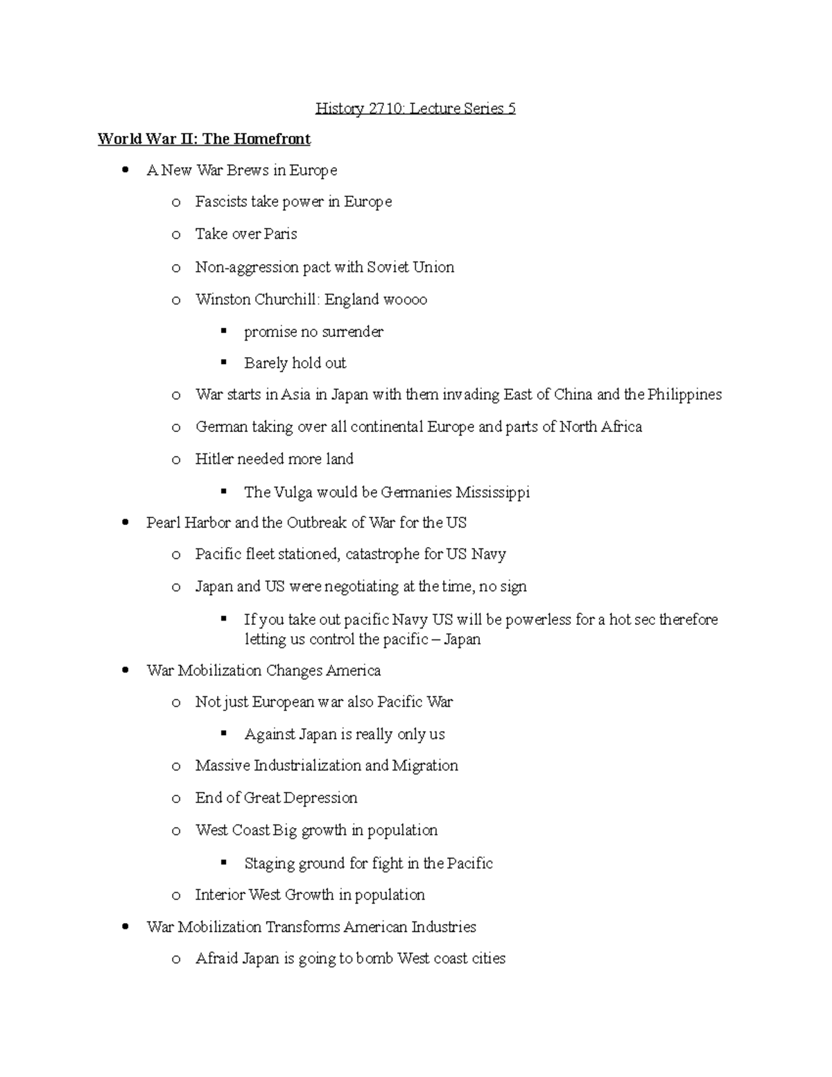 History Lecture Series 5 - History 2710: Lecture Series 5 World War II ...