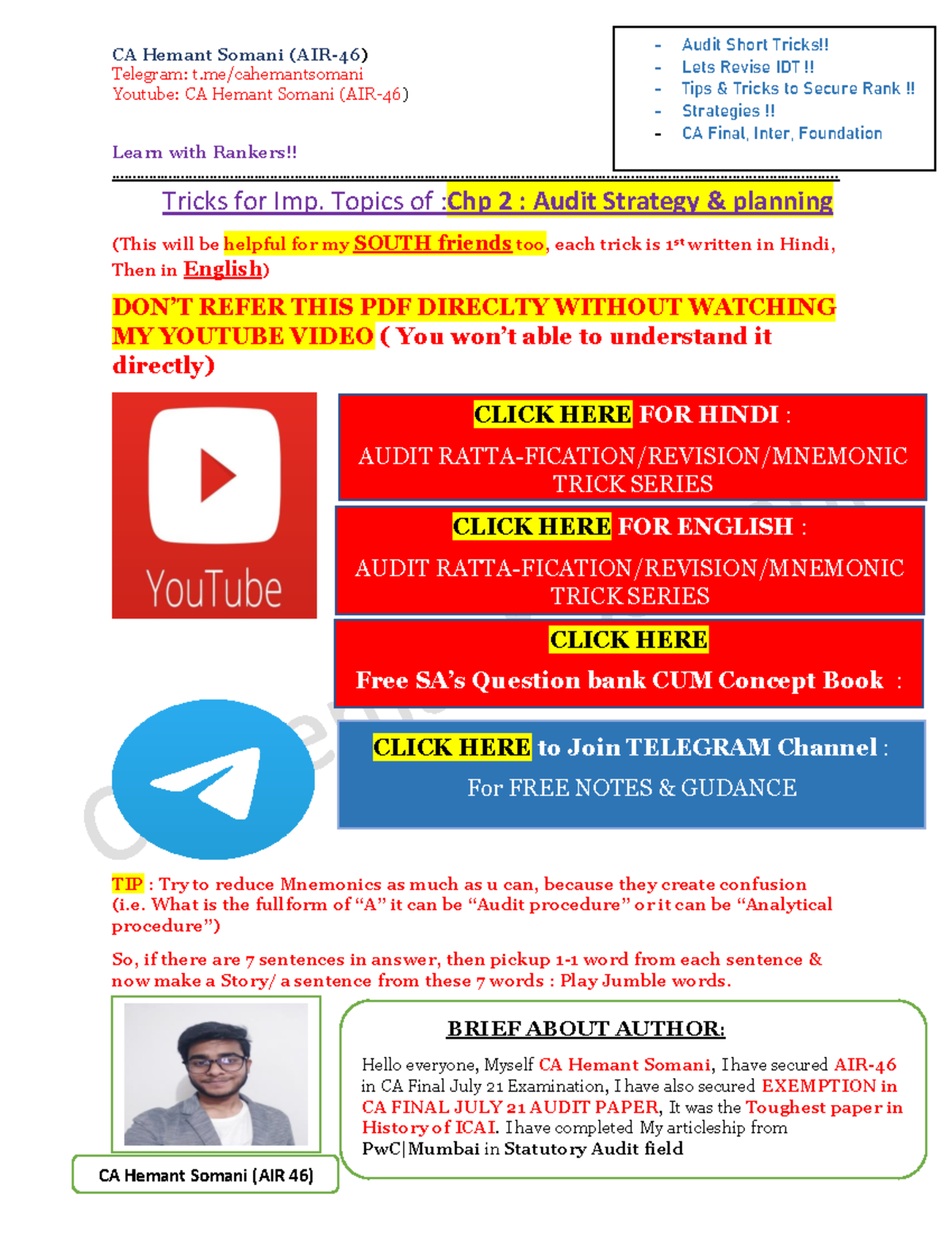 Audit Remembering - CA Final - CA Hemant Somani (AIR-46) Telegram: t ...