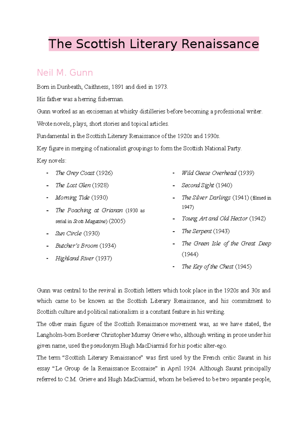 1 The Scottish Literary Renaissance - Gunn Born in Dunbeath, Caithness ...