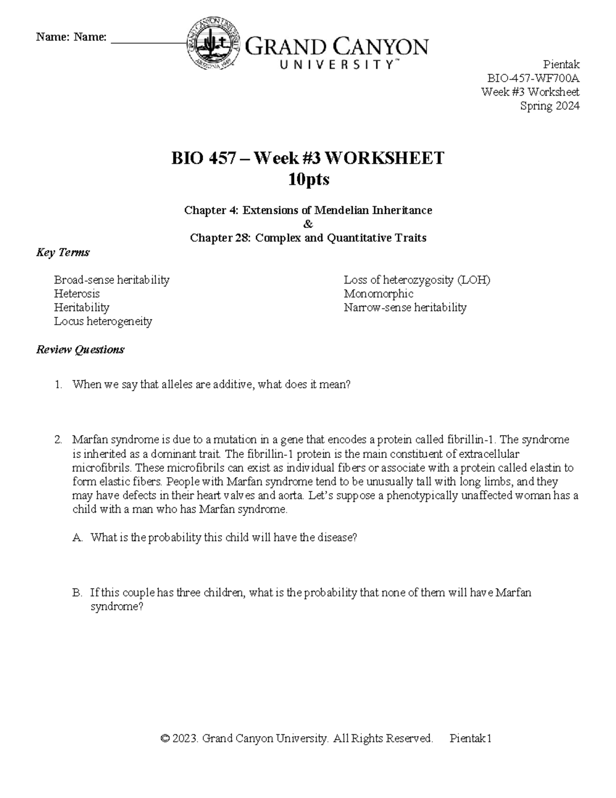 BIO-457-Week #3 Worksheet - Name: Name: ________________ Pientak BIO ...