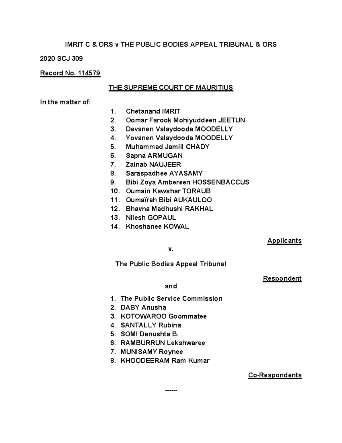 Imrit C and ORS v THE Public Bodies Appeal Tribunal and ORS 2020 SCJ ...