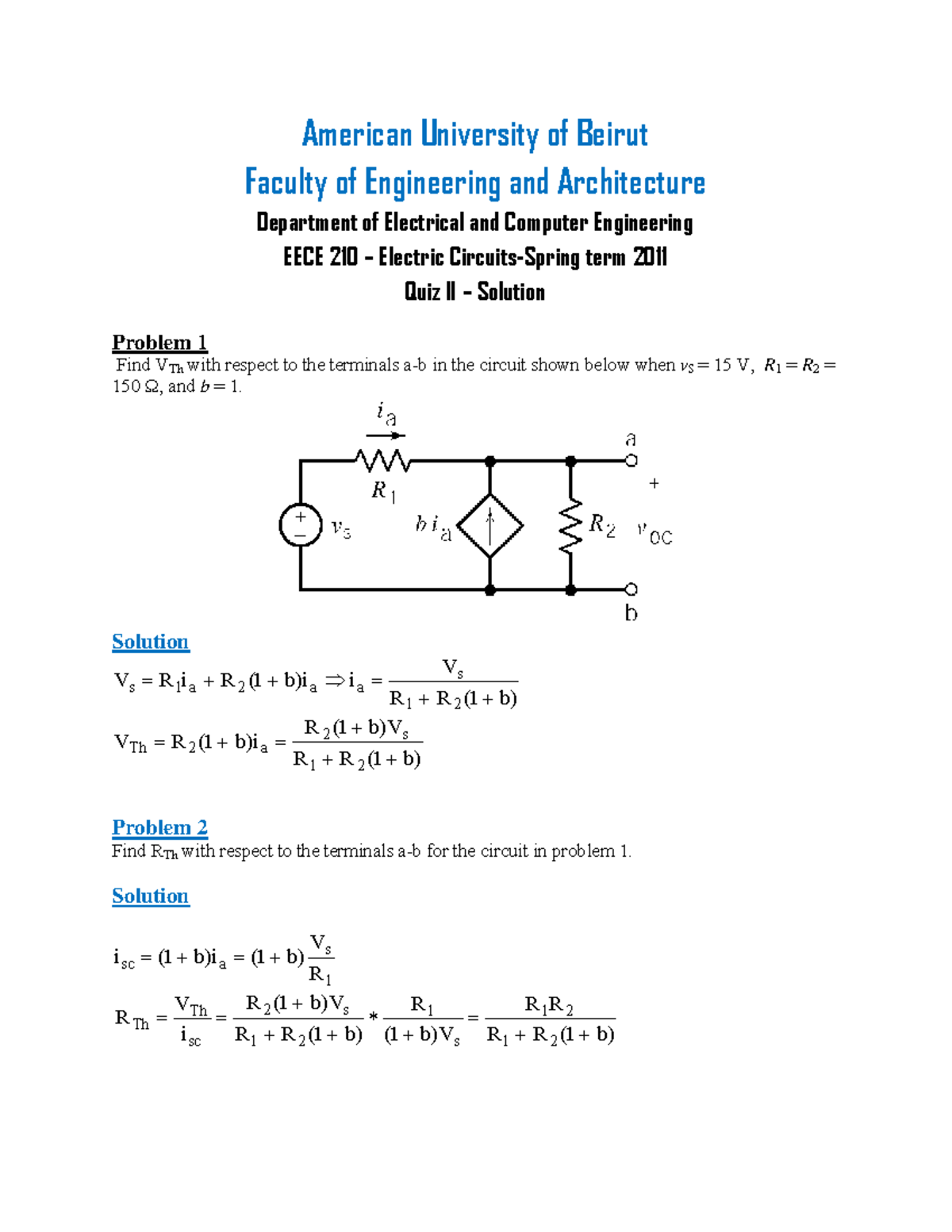 EECE210 Quiz2 Sp11 Solution - American University of Beirut Faculty of ...