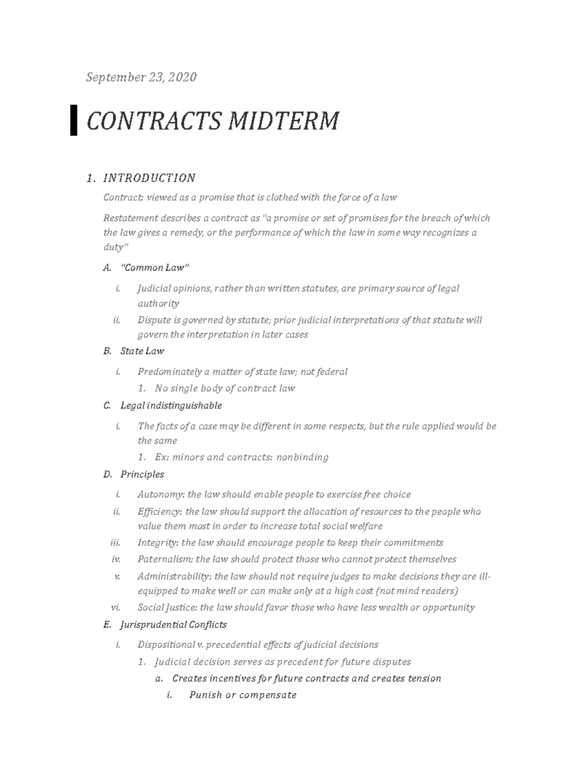 Contracts midterm outline - September 23, 2020 CONTRACTS MIDTERM 1 ...