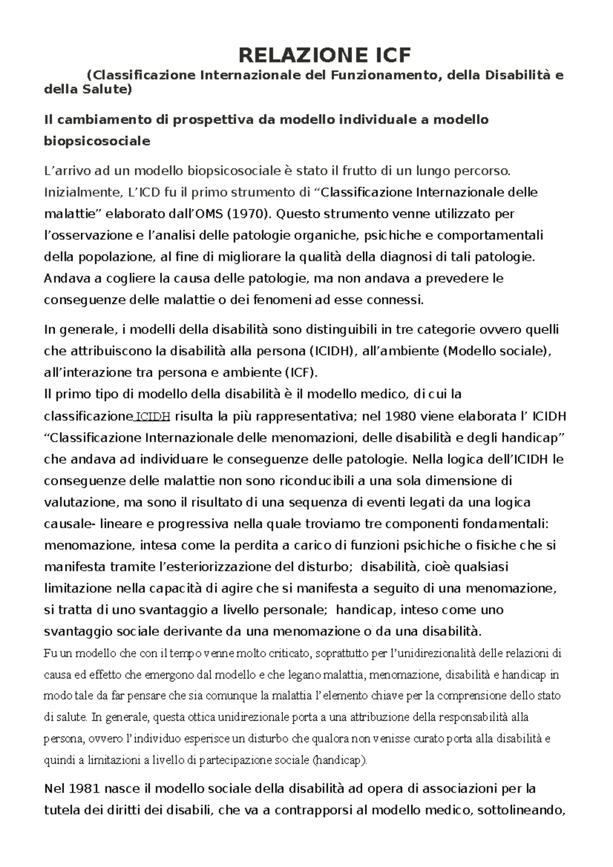Relazione ICF - Relòazione ICF, Classificazione internazionale del ...