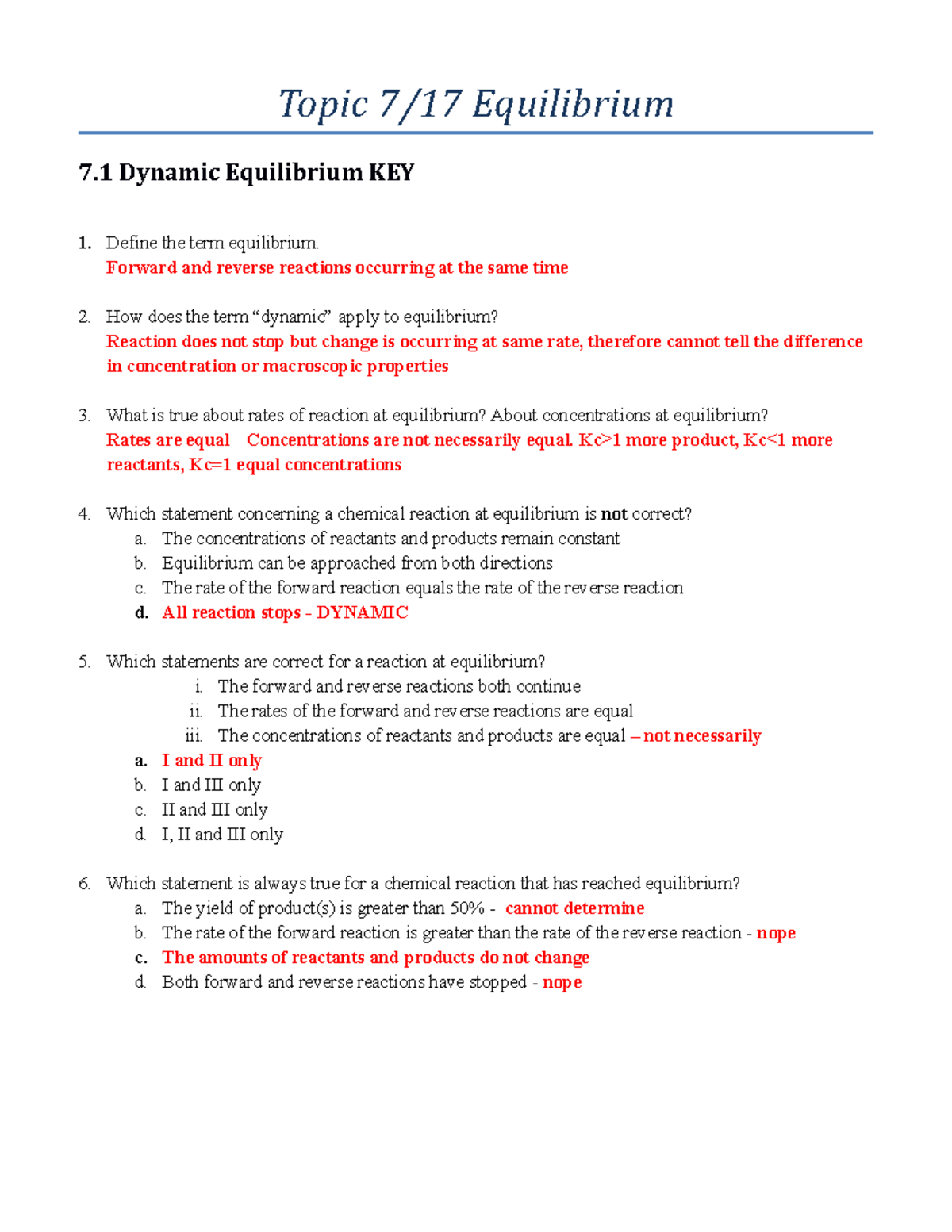Topic 7-17 practice questions key 1 2 - Topic 7/17 Equilibrium 7 ...