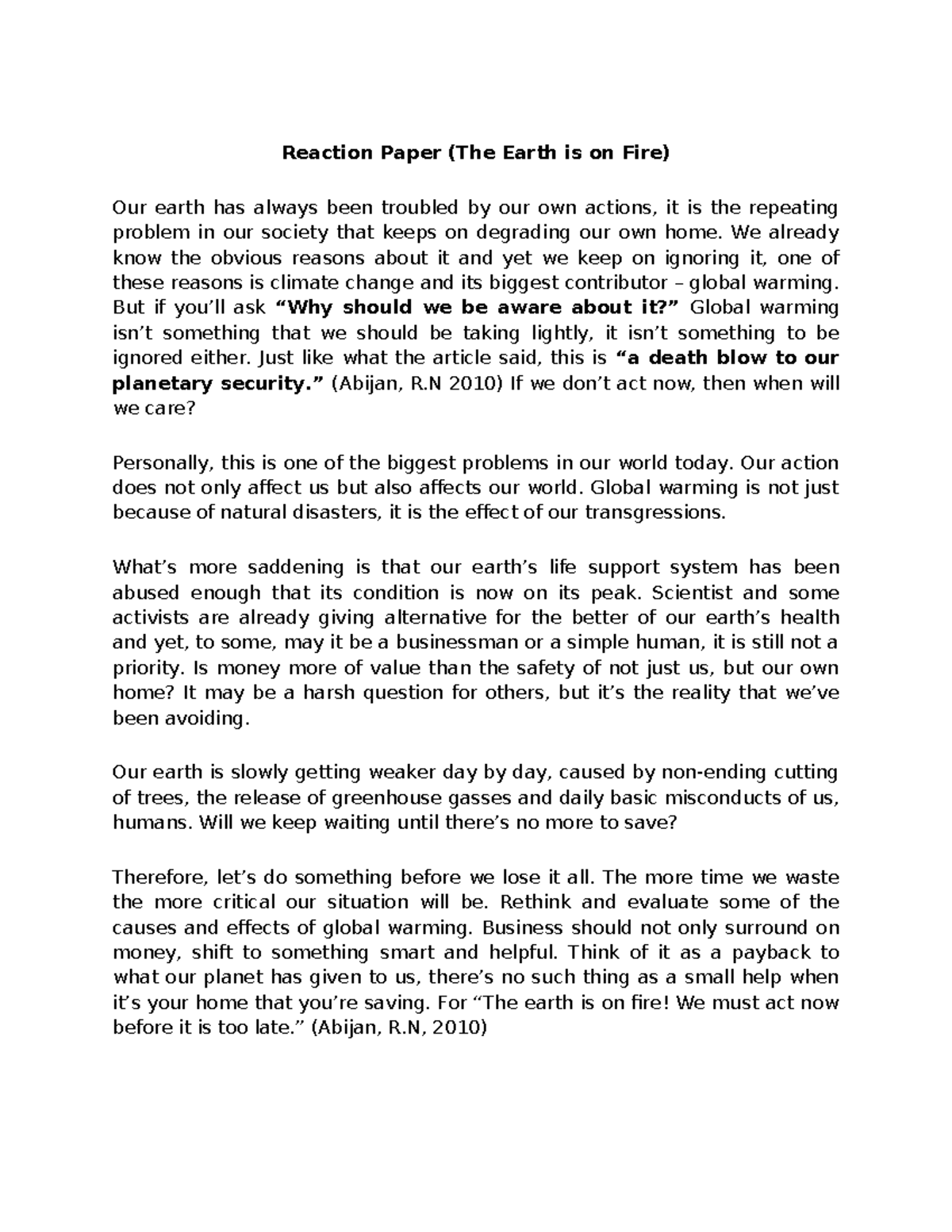 Reaction Paper (Global Warming) - Reaction Paper (The Earth is on Fire ...
