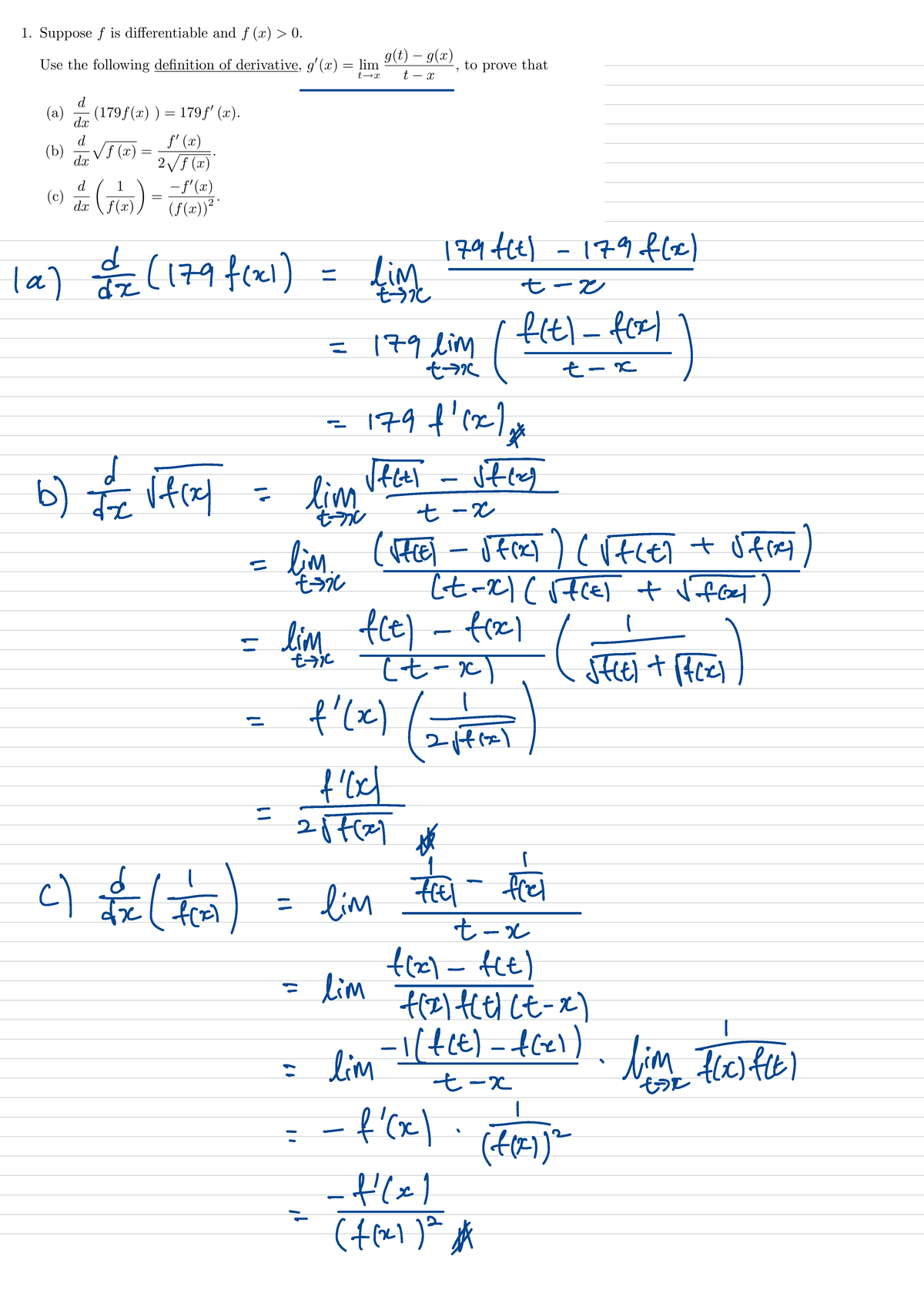 7. Derivatives - Calculus - I a) ¥ ( 179 f- ( x1 ) = Iggy, 1791-1-4 ...