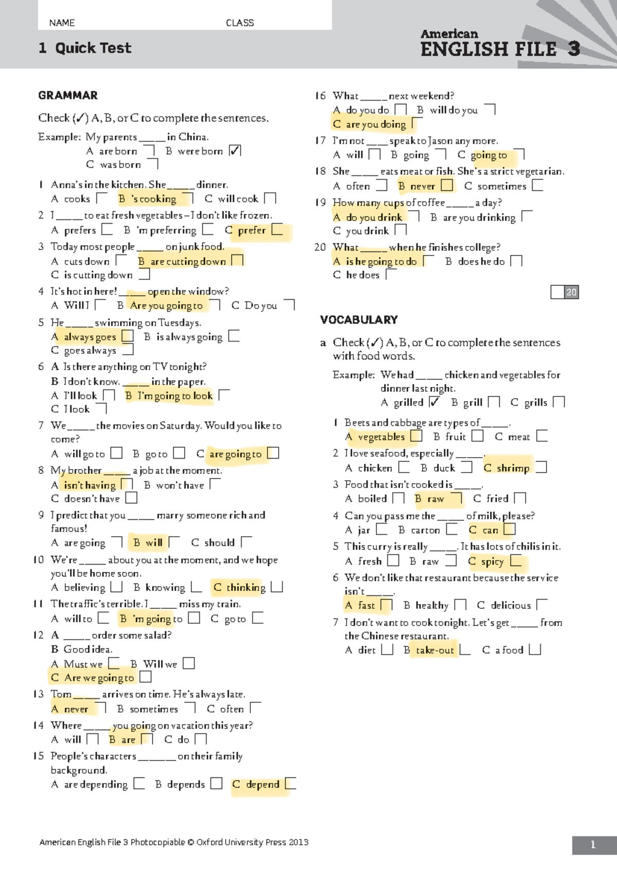 AEF3 File1 Quick Test - Practice - 1 NAME CLASS 1 Quick Test American ...