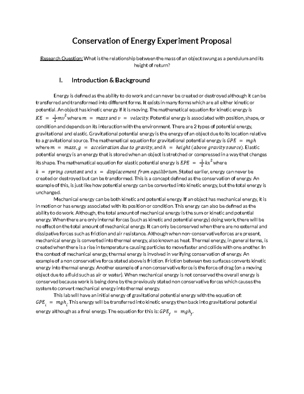 Conservation of Energy Experiment Proposal - Introduction & Background ...