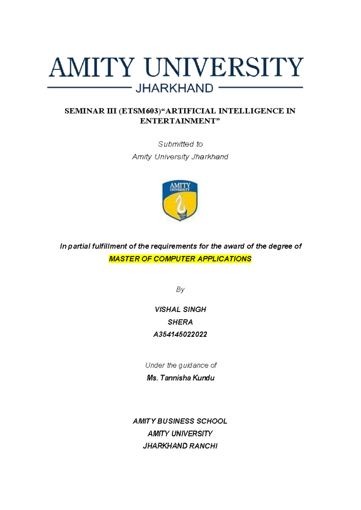 NTCC Project cover page seminar iii) - SEMINAR III (ETSM603)“ARTIFICIAL ...