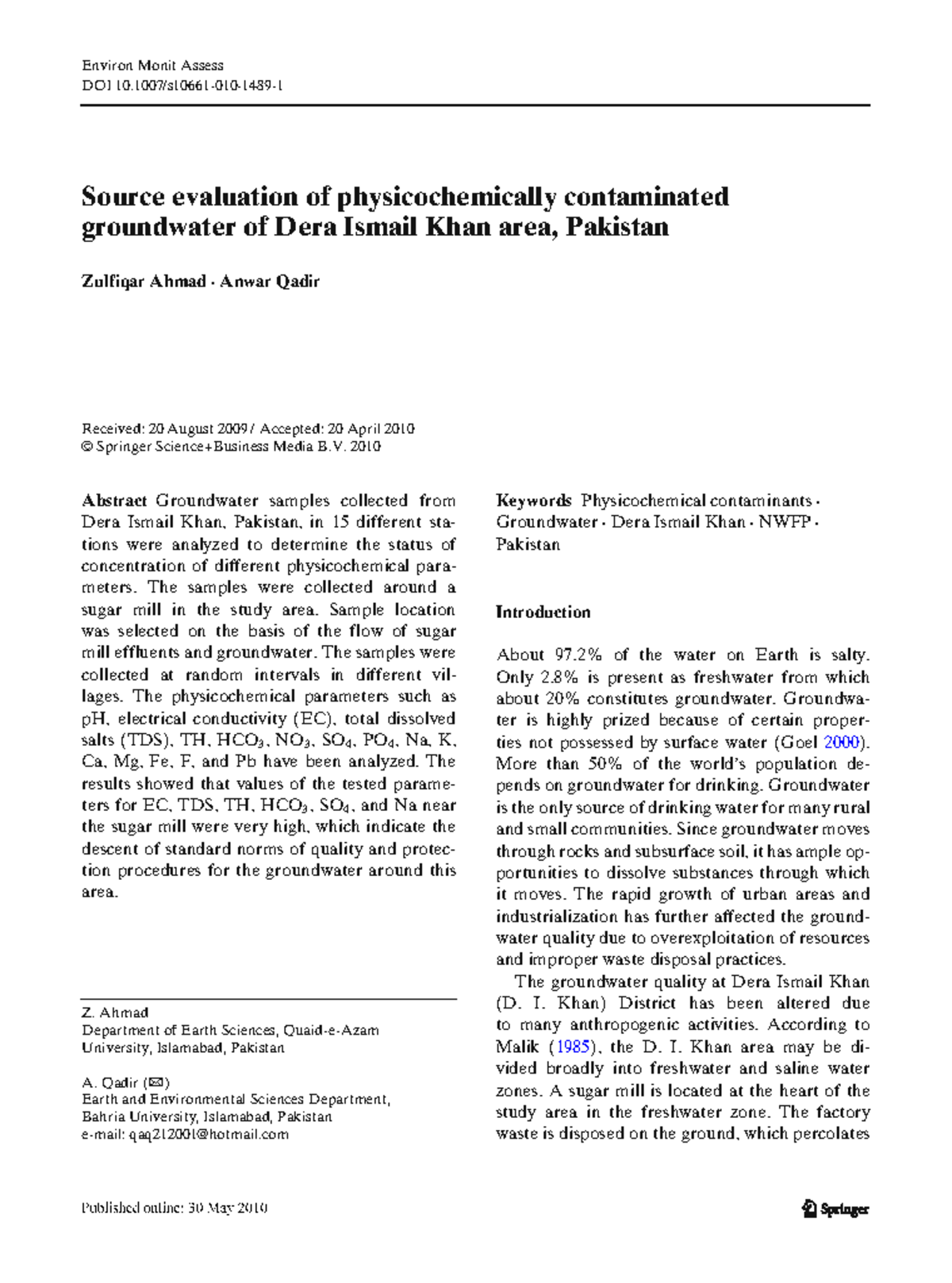 1 Very Good Article For Reading And Understanding DOI 10 s10661 010