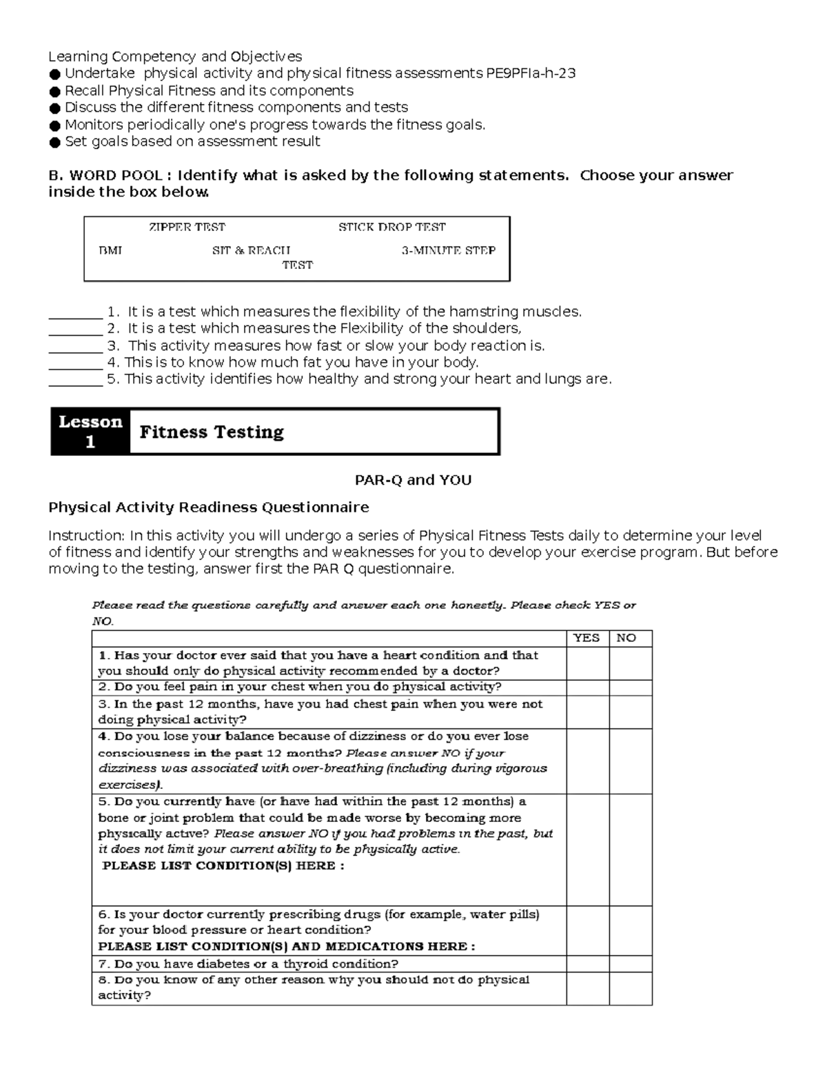 P.E Lesson 1 Quarter 1 - PE study guide - Learning Competency and ...