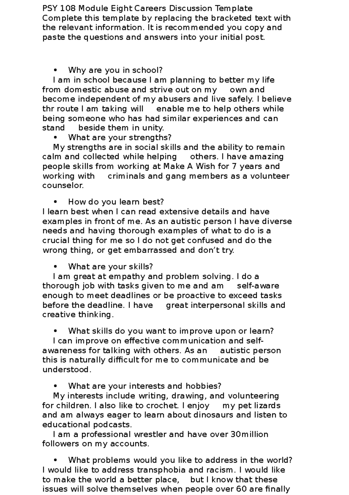 PSY 108 Module Eight Careers Discussion - It is recommended you copy ...