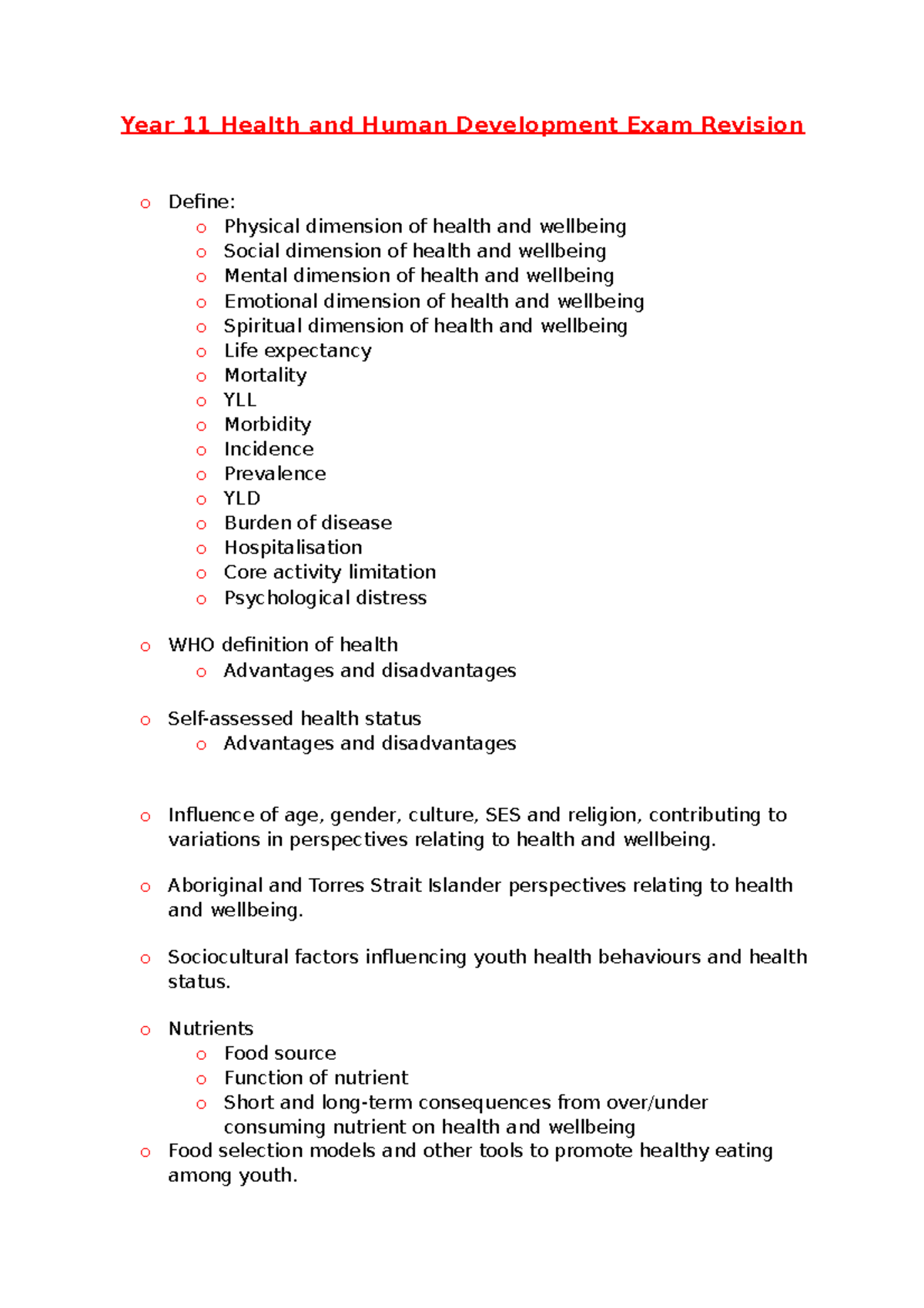 Unit 1 Exam Revision - woeifnwoeinf - Year 11 Health and Human ...