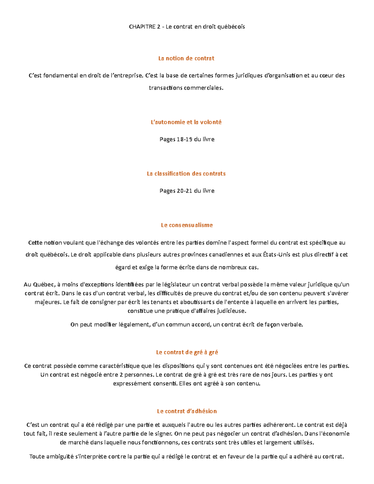 Cours 2, notes de cours et résumé - CHAPITRE 2 - Le contrat en droit ...