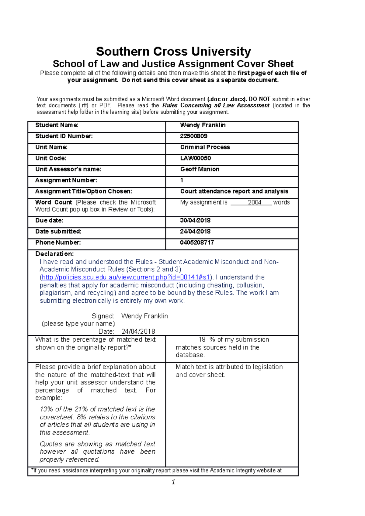 Southern Cross University School of Law and Justice Assignment Cover ...