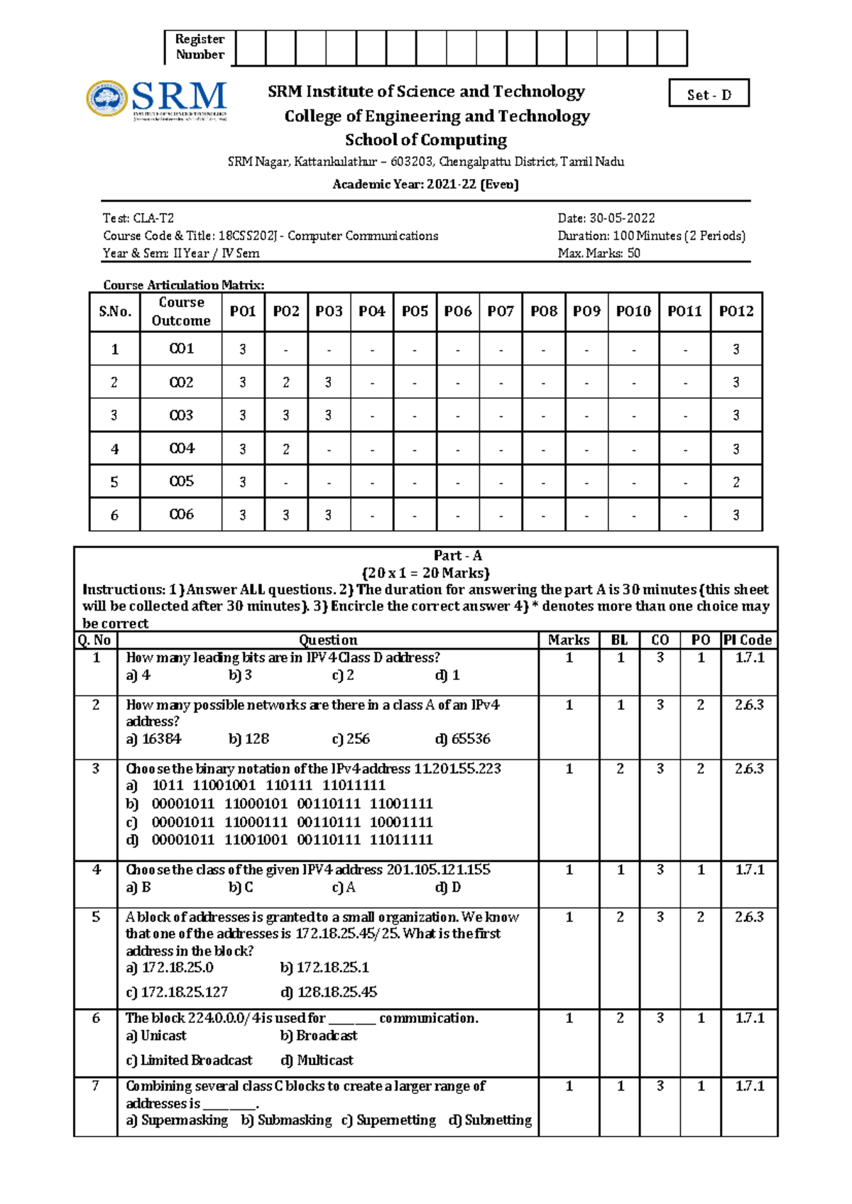 CT2 CC - QUESTION PAPER - Register Number SRM Institute of Science and ...