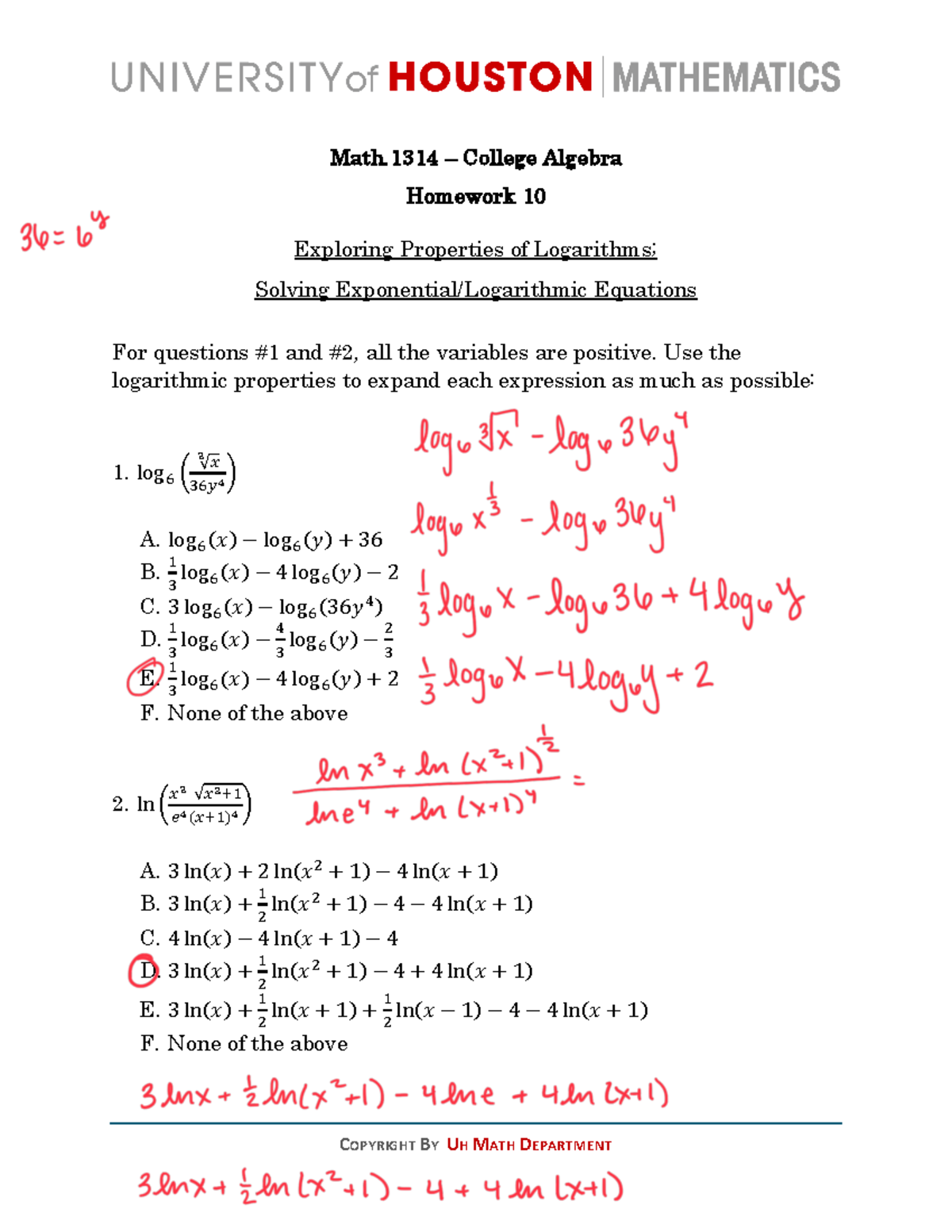 Homework 10 - Math – College Algebra Homework 10 Exploring Properties of Logarithms; Solving ...