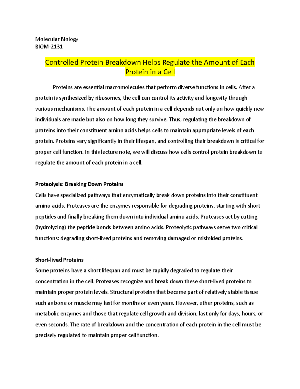 Molecular Biology Protein Breakdown - Molecular Biology BIOM ...