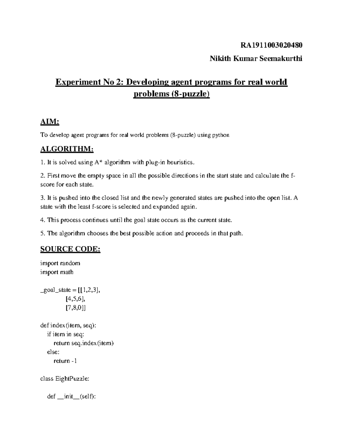 Ai exp2 - RA Nikith Kumar Seemakurthi Experiment No 2: Developing agent programs for real world ...