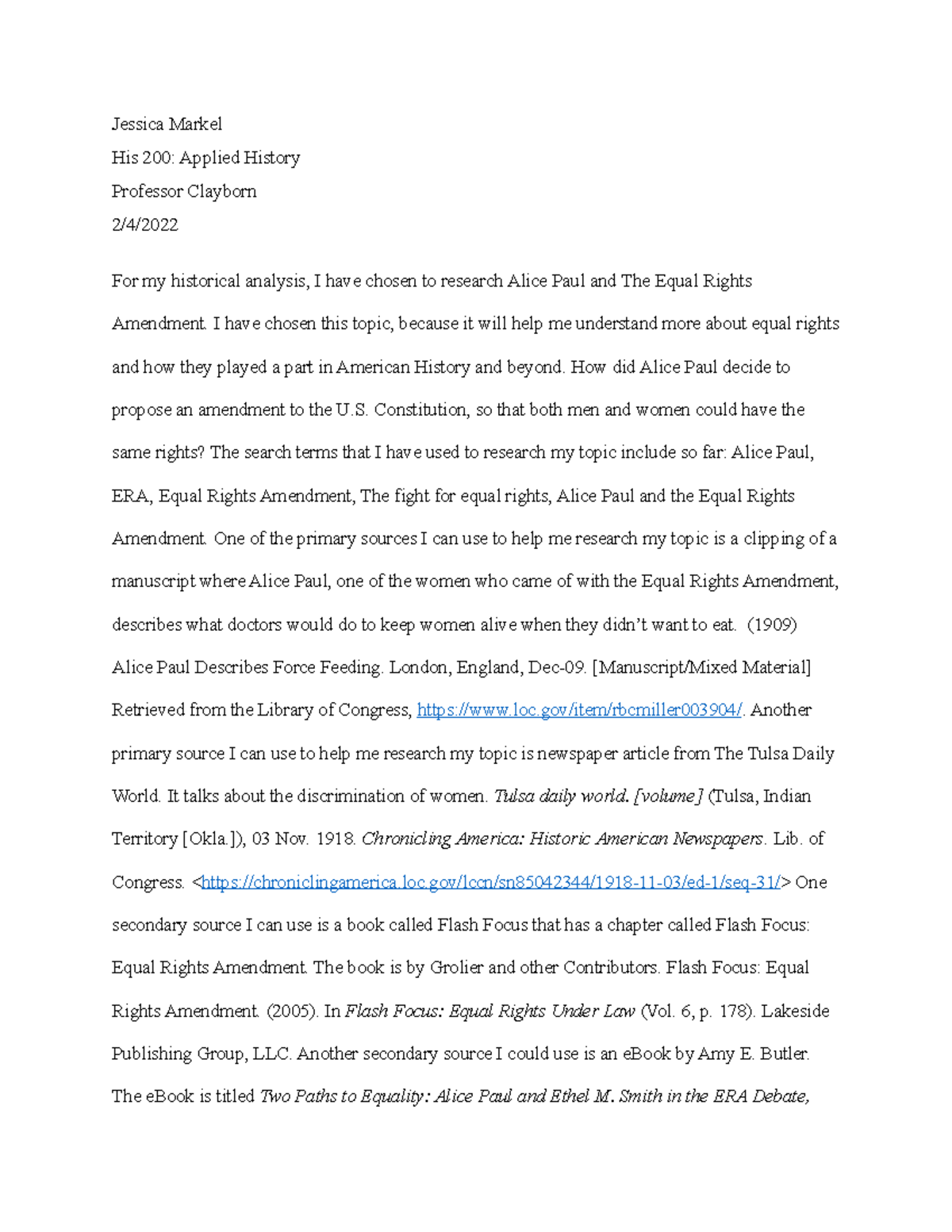 Writing plan for the essay I am writing about the Equal Rights ...