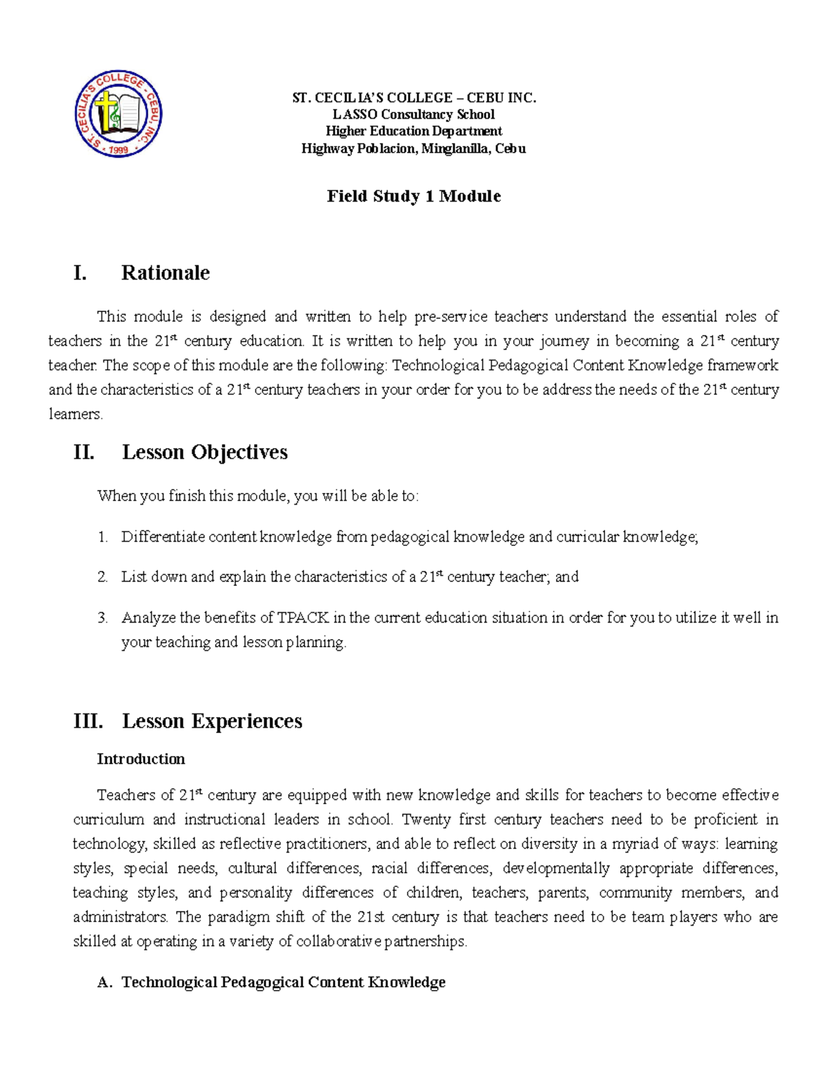 Field study M#1 - Example Worksheet - ST. CECILIA’S COLLEGE – CEBU INC ...