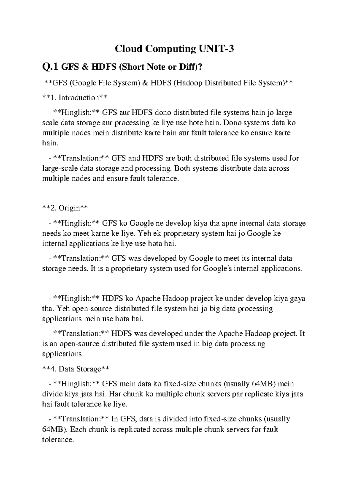 Simple Cloud Computing UNIT-3 - Cloud Computing UNIT- Q GFS & HDFS (Short Note or Diff)? GFS ...