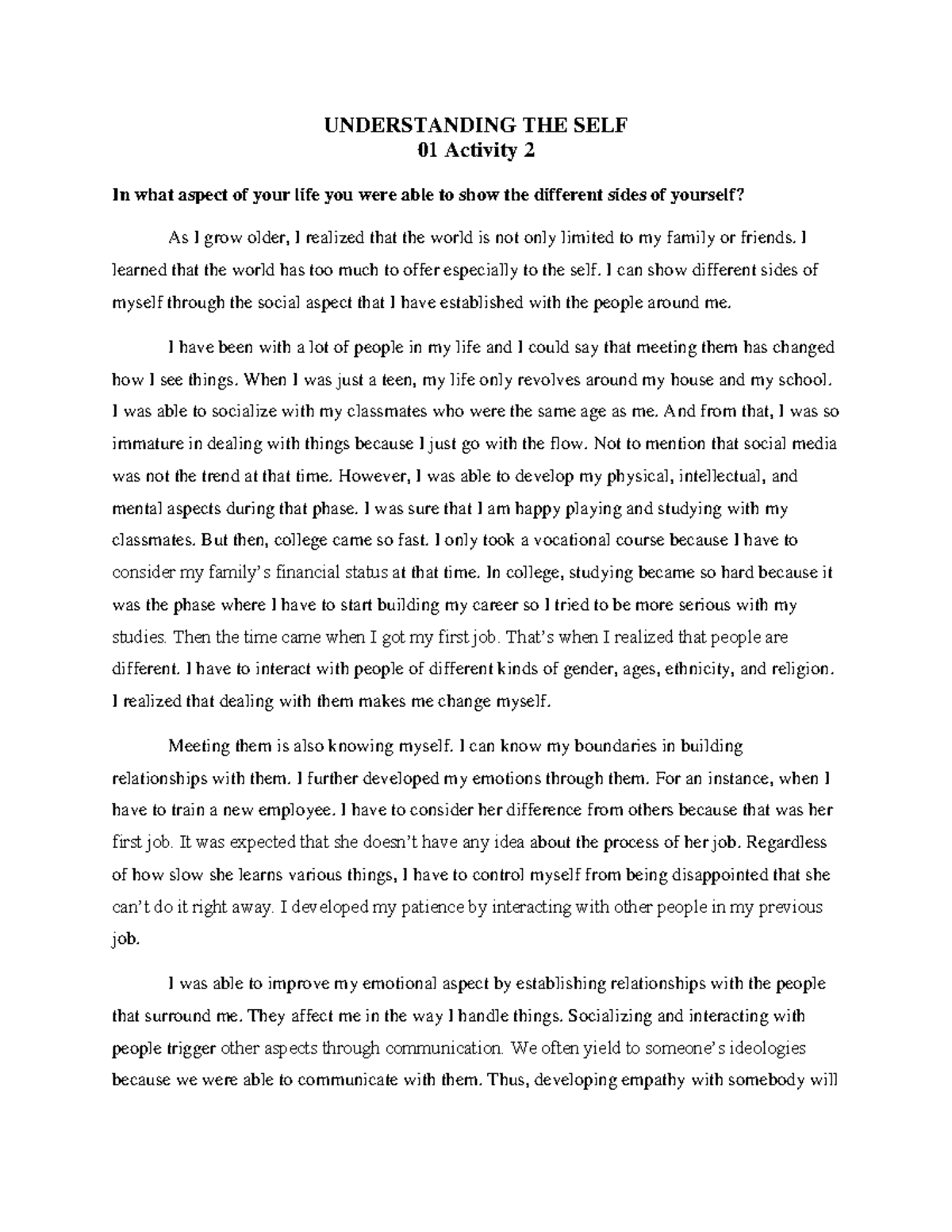 01 Activity 2 show the different sides of yourself - UNDERSTANDING THE ...