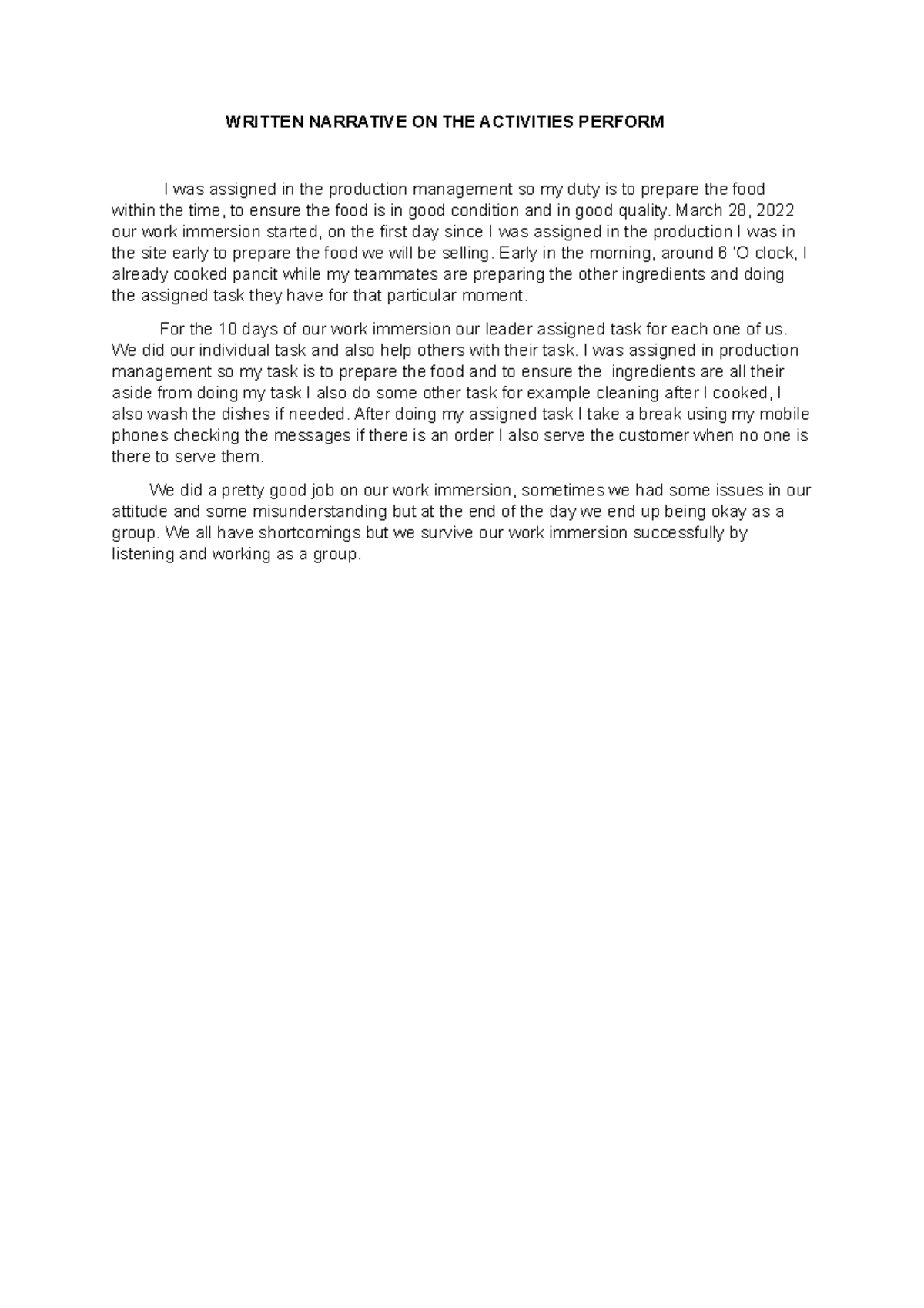 Written Narrative ON THE Activities Perform - WRITTEN NARRATIVE ON THE ...