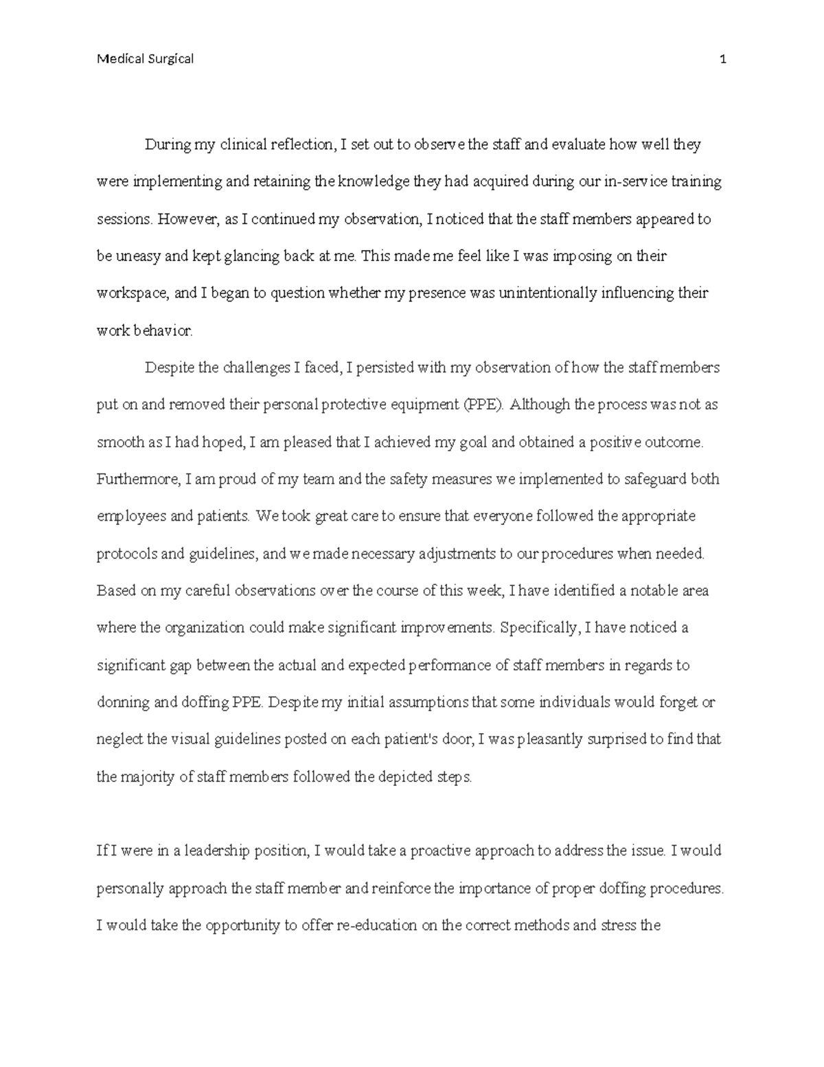 Medical Reflection Journal - Medical Surgical 1 During my clinical ...