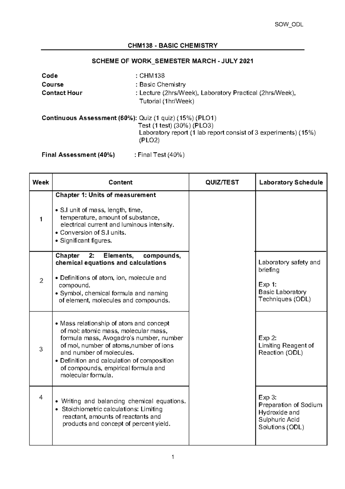 CHM138 - Scheme Of Work Sem Mac-July2021 - SOW_ODL 1 CHM138 - BASIC ...