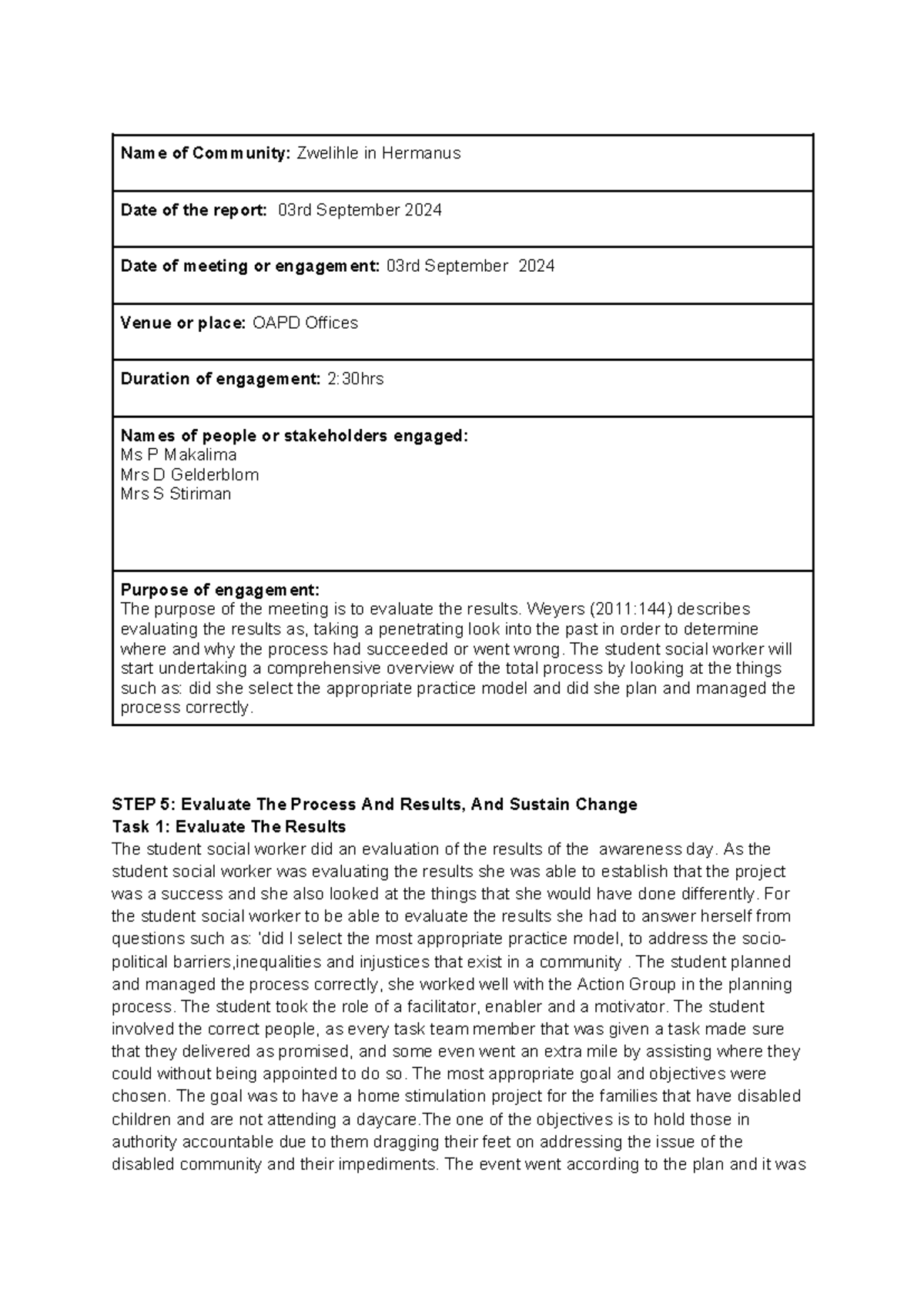 Community WORK Process Report Step 5 Task 2 - Name of Community ...
