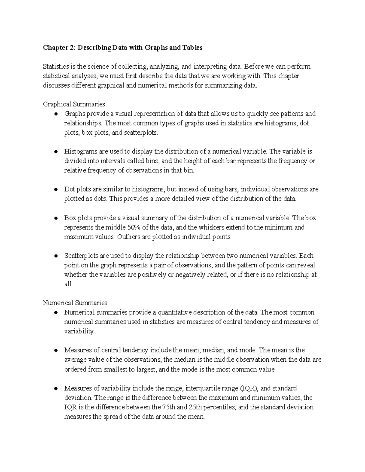 STAT 100 Chapter 2 - Chapter 2: Describing Data with Graphs and Tables Statistics is the science ...