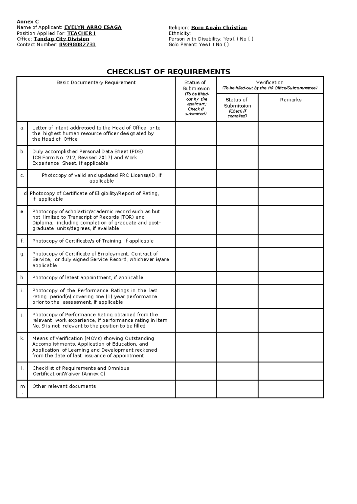 Omnibus and checklist - Annex C Name of Applicant: EVELYN ARRO ESAGA ...
