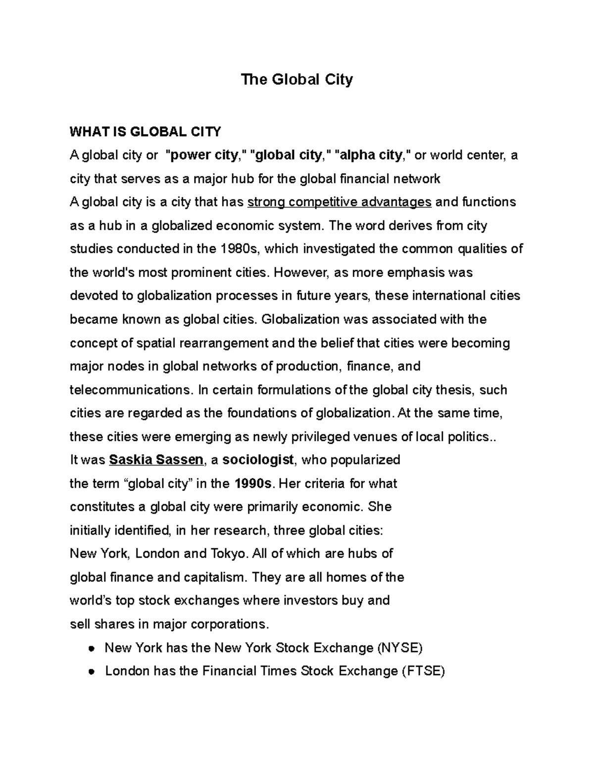 The Global City - The Global City WHAT IS GLOBAL CITY A global city or ...