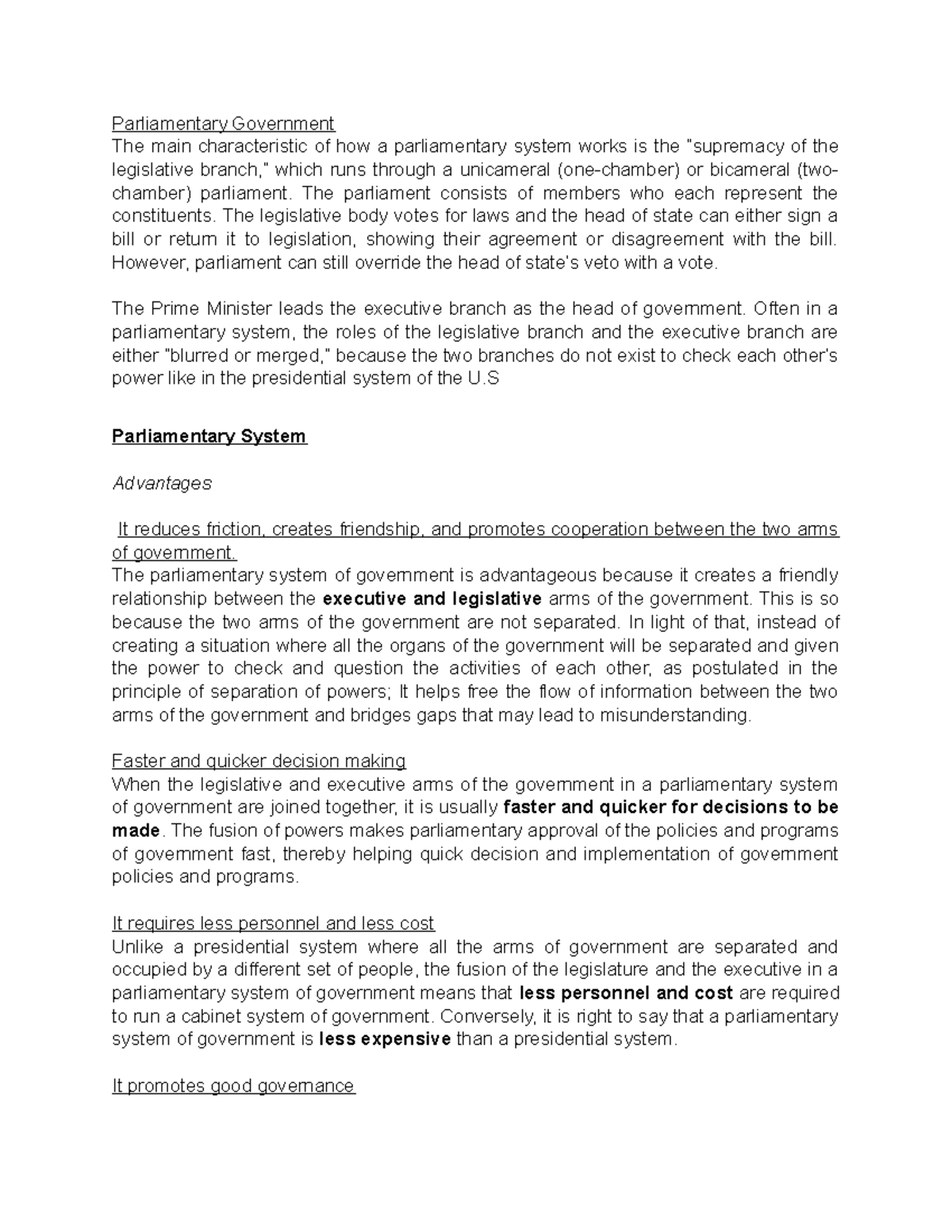 Parliamentary Government - The parliament consists of members who each ...