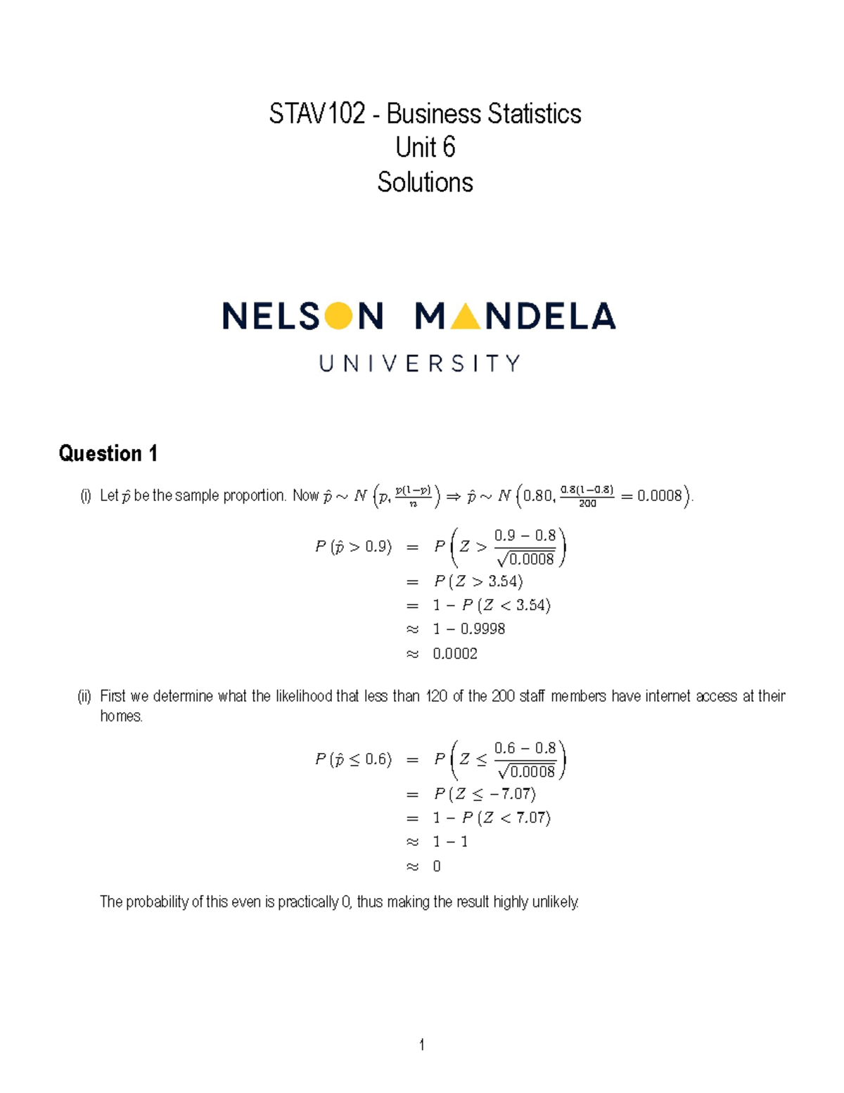 STAV102 Unit6 Solutions - STAV102 Business Statistics Unit 6 Solutions ...
