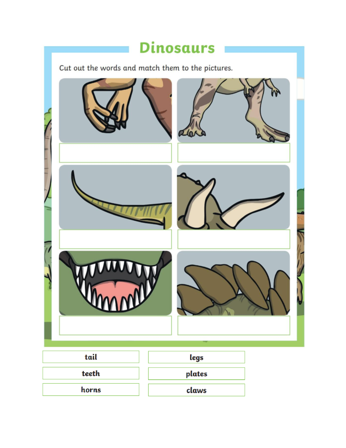 Dinosaurs - Reading and Comprehension - Dinosaurs Cut out the words and ...