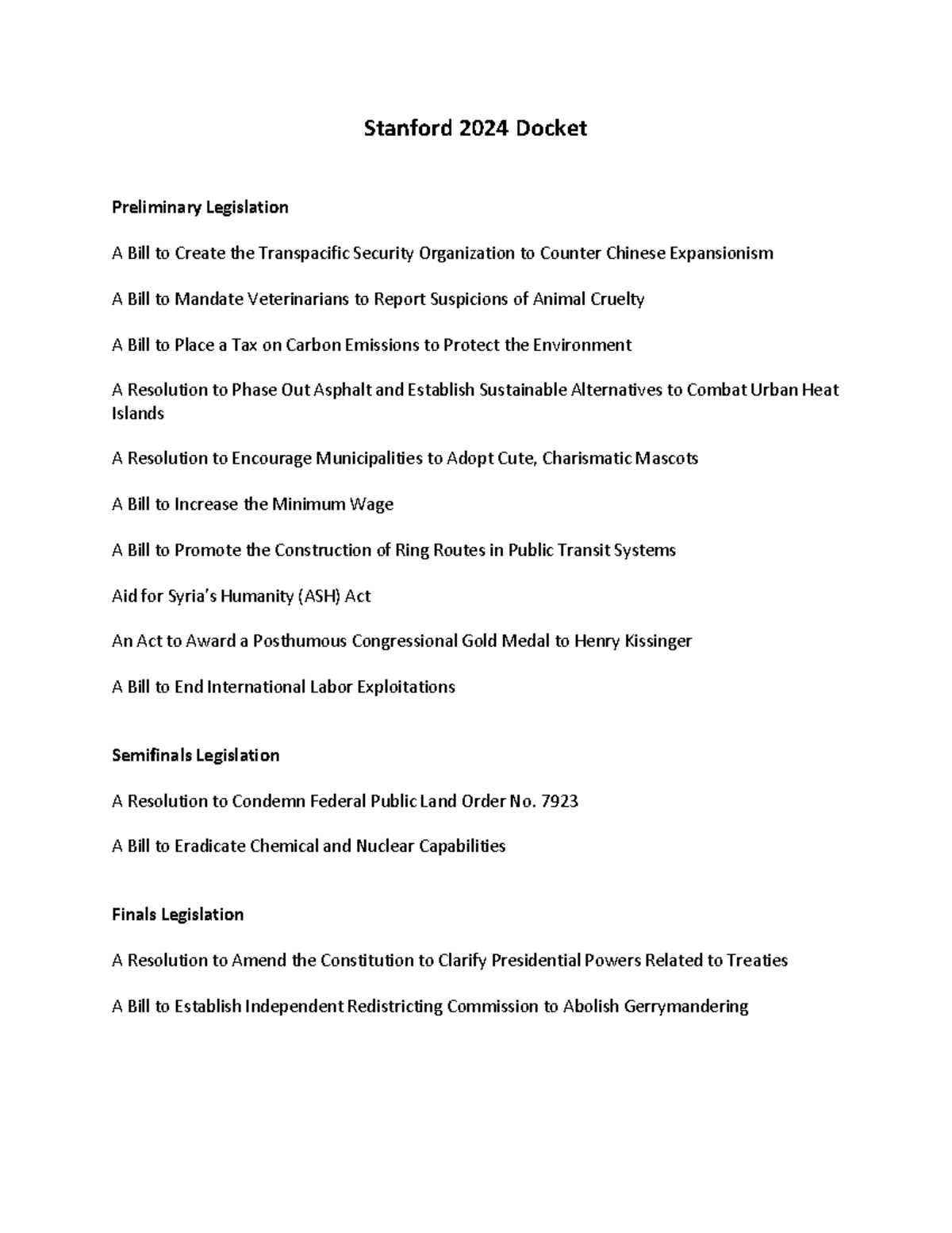 Stanford congress - Stanford 2024 Docket Preliminary Legislation A Bill ...