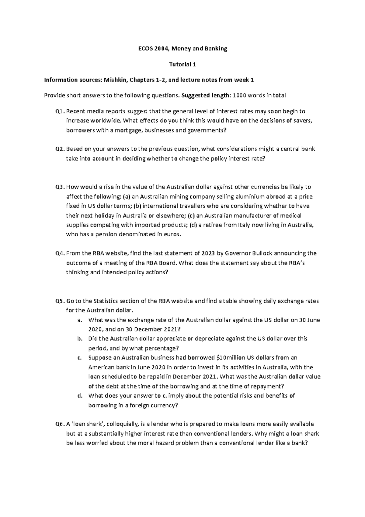 Tutorial 1 T1 For Ecos2004 Ecos 2004 Money And Banking Tutorial 1 Information Sources